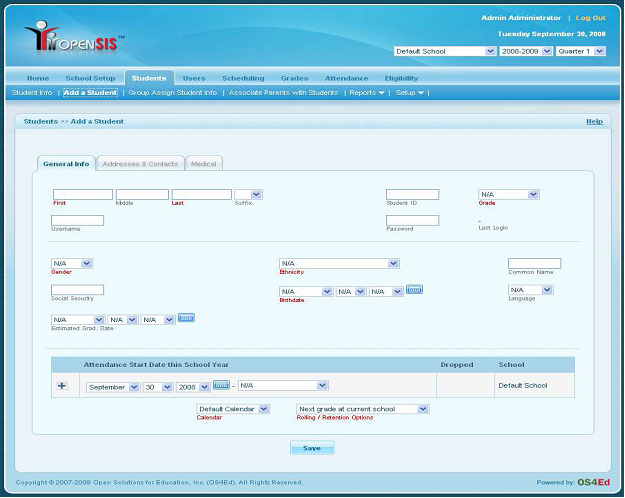 School Records: OpenSIS: Adding Students